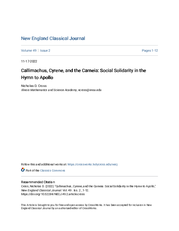 (PDF) Callimachus, Cyrene, and the Carneia: Social Solidarity in the ...