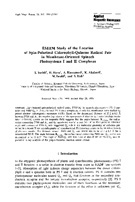 (PDF) ESEEM study of the location of spin-polarized chlorophyll-quinone ...