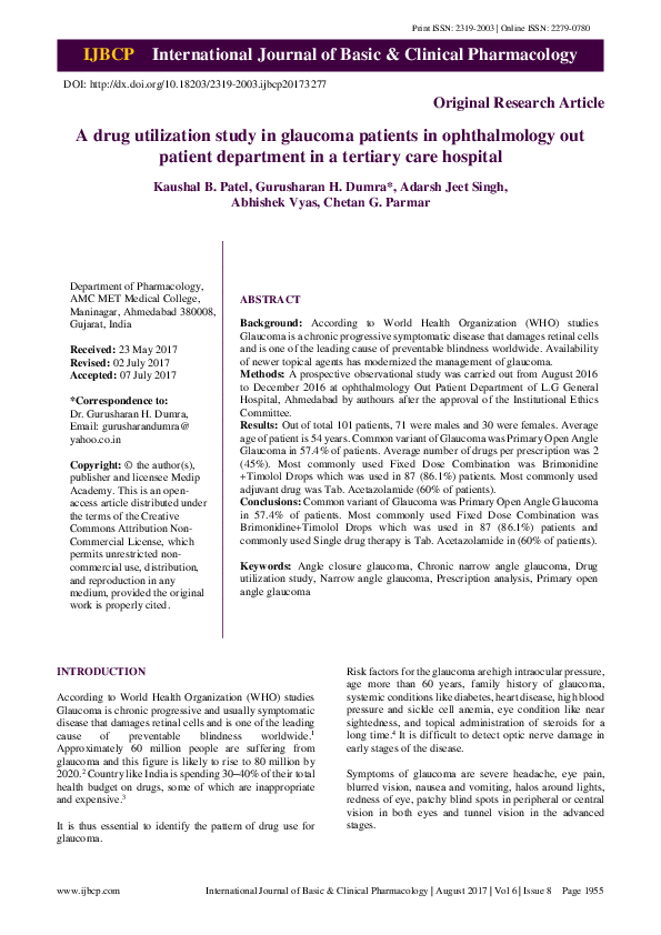 (PDF) A drug utilization study in glaucoma patients in ophthalmology out patient department in a ...
