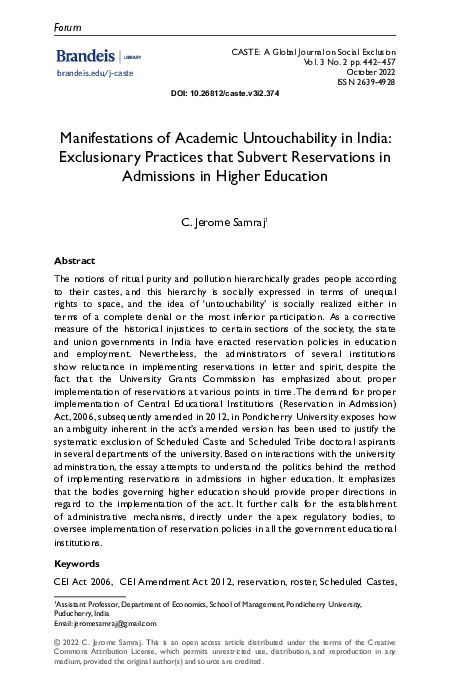 (PDF) Manifestations of Academic Untouchability in India: Exclusionary ...