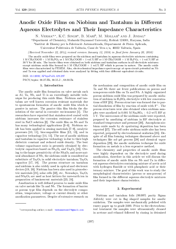 (PDF) Anodic Oxide Films on Niobium and Tantalum in Different Aqueous ...