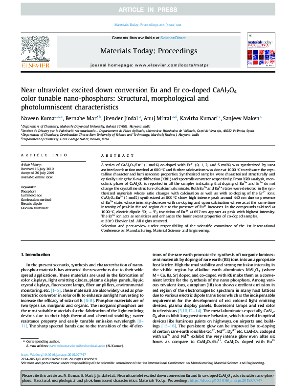 (PDF) Near ultraviolet excited down conversion Eu and Er co-doped ...