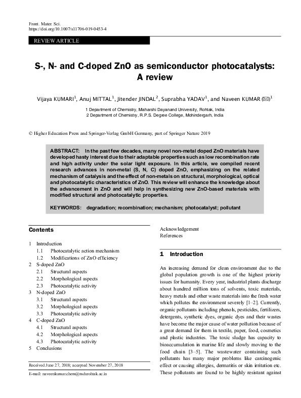 (PDF) S-, N- and C-doped ZnO as semiconductor photocatalysts: A review