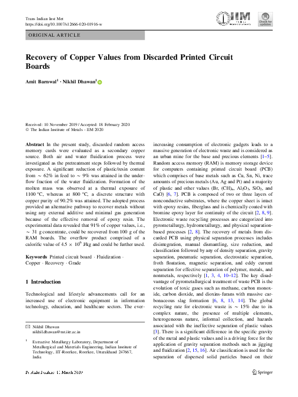 (PDF) Recovery of Copper Values from Discarded Printed Circuit Boards