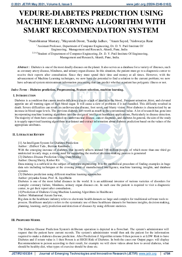 (PDF) Verdure- Diabetes Prediction using Machine Learning with Smart ...