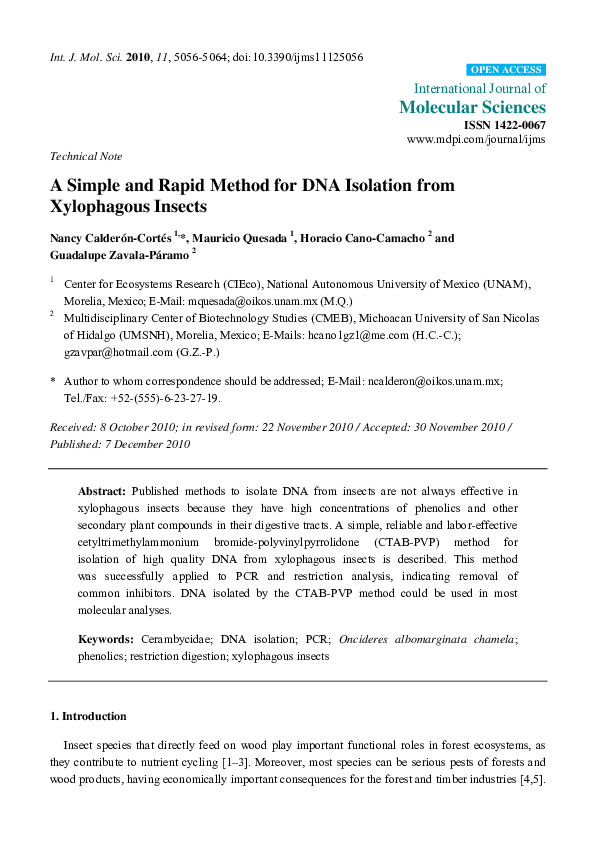 (PDF) A Simple and Rapid Method for DNA Isolation from Xylophagous Insects