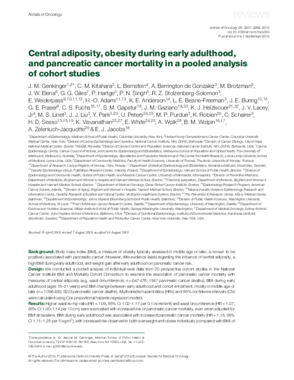 (PDF) Central adiposity, obesity during early adulthood, and pancreatic cancer mortality in a ...