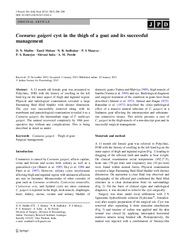(PDF) Coenurus gaigeri cyst in the thigh of a goat and its successful ...