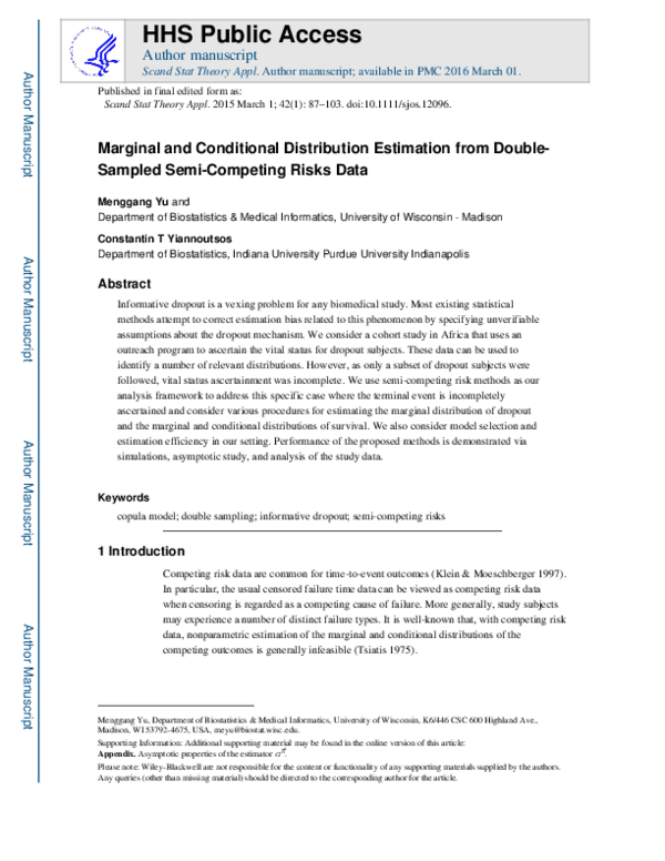 (PDF) Marginal and Conditional Distribution Estimation from Double-sampled Semi-competing Risks Data