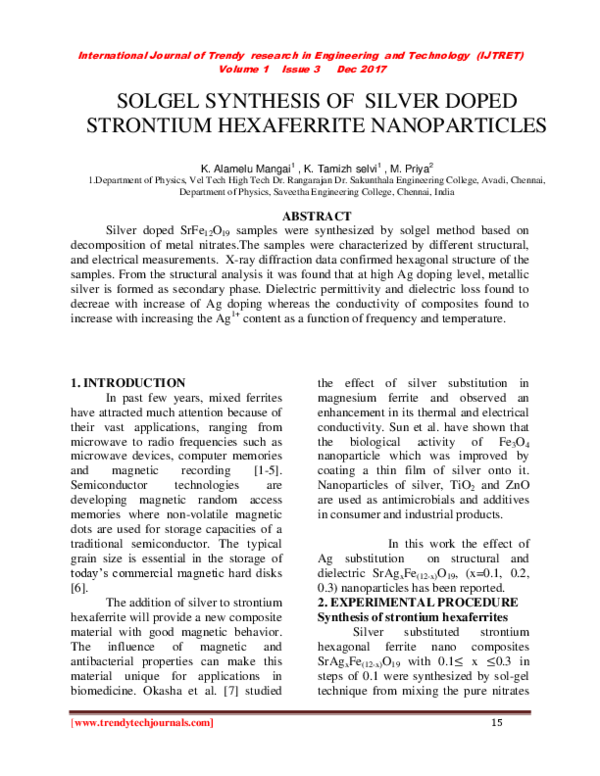 (PDF) SOLGEL SYNTHESIS OF SILVER DOPED STRONTIUM HEXAFERRITE NANOPARTICLES