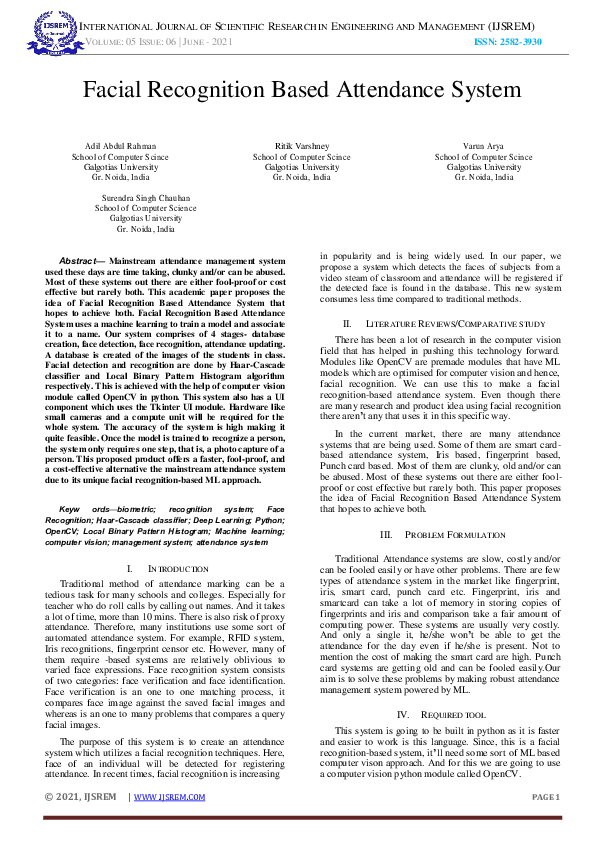 (PDF) Facial Recognition Based Attendance System | Aditi karsouliya - Academia.edu