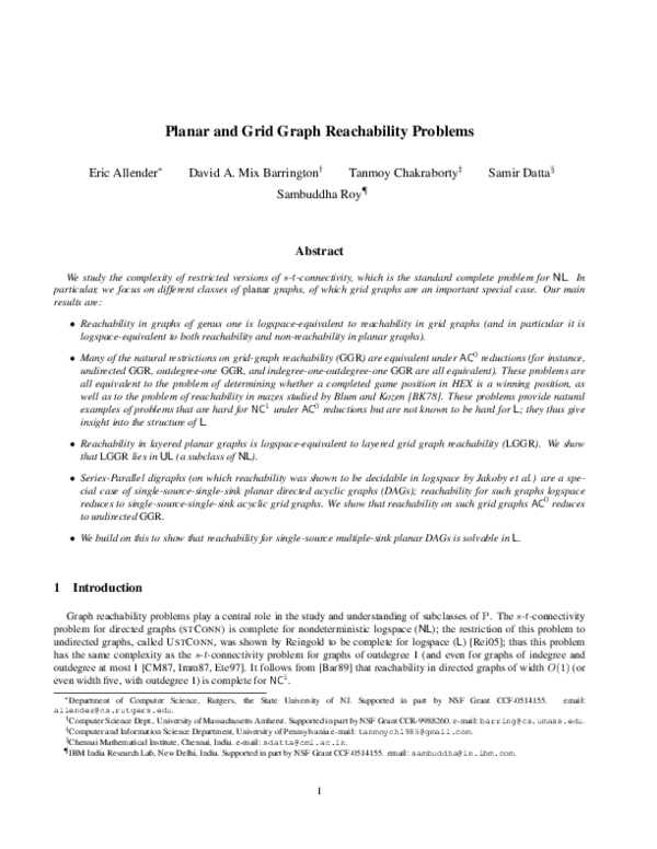 (PDF) Planar and Grid Graph Reachability Problems