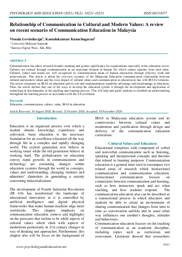 (PDF) Relationship of Communication in Cultural and Modern Values : A ...