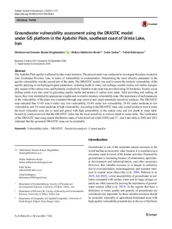 Pdf Groundwater Vulnerability Assessment Using Drastic And Pesticide Drastic Models In Intense