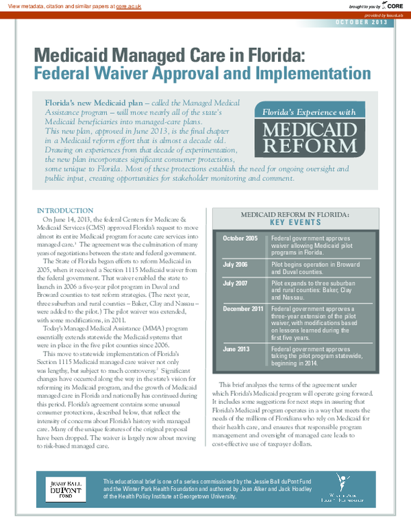 (PDF) Medicaid Managed Care in Florida: Federal Waiver Approval and ...