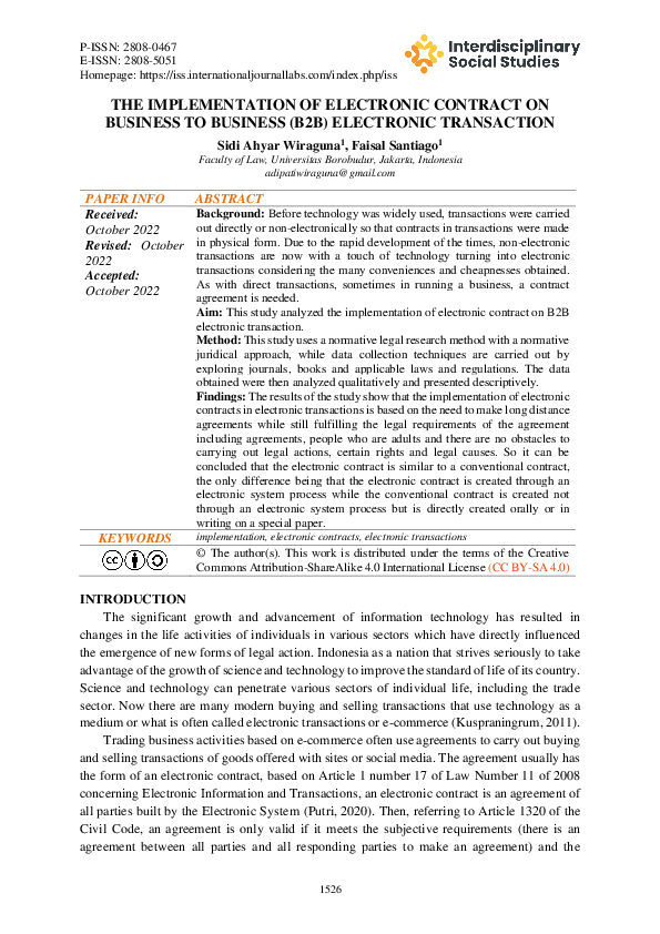 (PDF) The Implementation of Electronic Contract on Business to Business ...