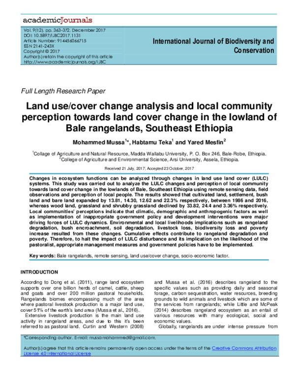 (PDF) Land use/cover change analysis and local community perception ... (PDF) Land use/cover change analysis and local community perception ...