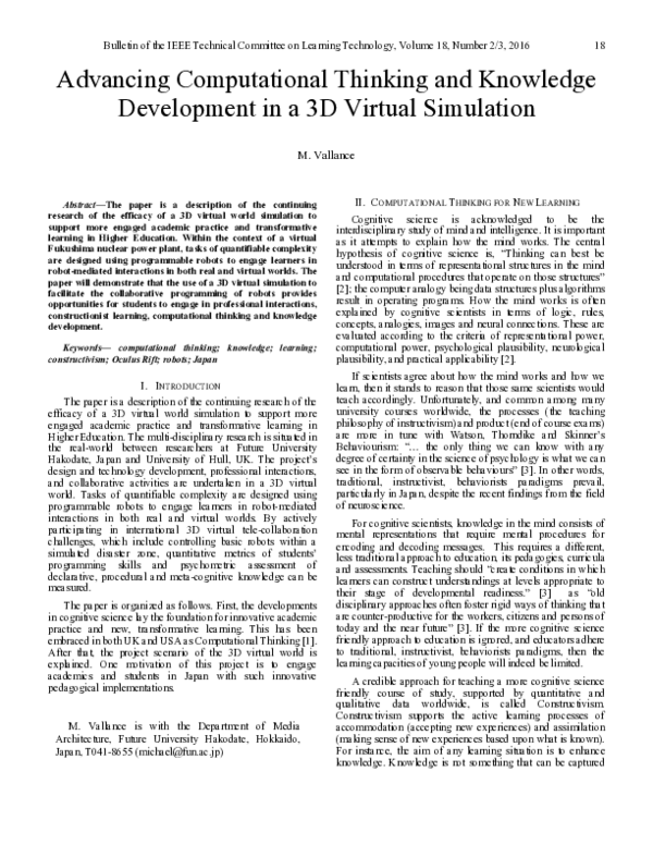 (PDF) Advancing Computational Thinking and Knowledge Development in a 3D Virtual Simulation