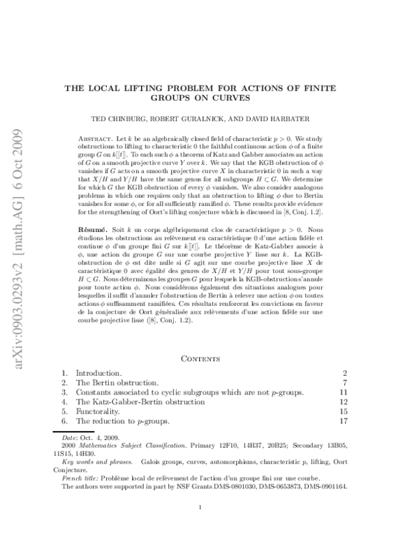 (PDF) The local lifting problem for actions of finite groups on curves. Annales scientifiques de ...