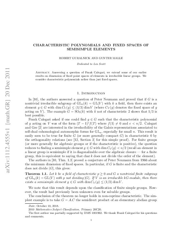 (PDF) Characteristic polynomials and fixed spaces of semisimple elements