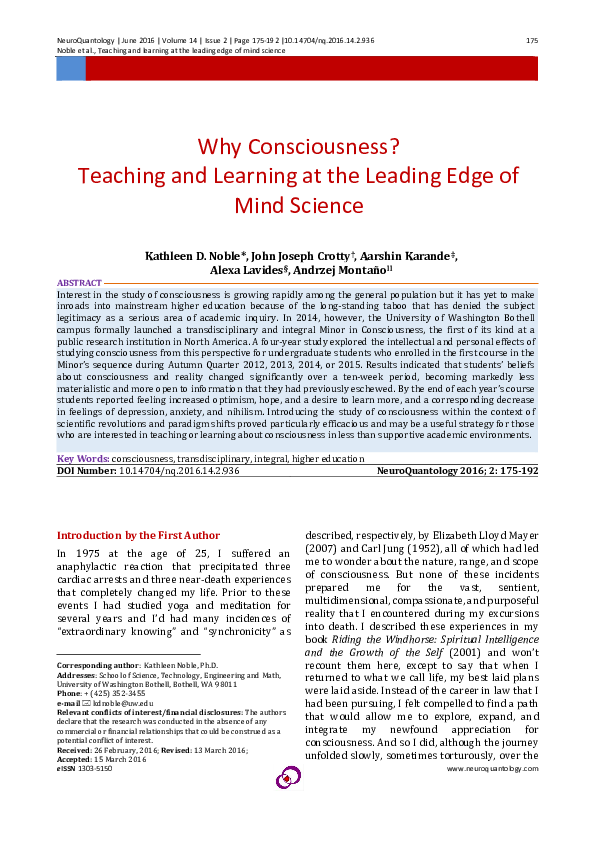 (PDF) Why Consciousness? Teaching and Learning at the Leading Edge of ...