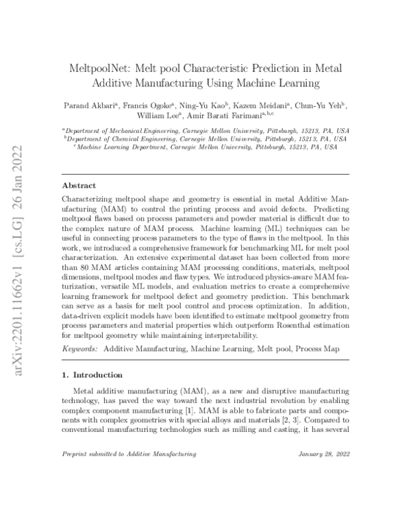 (PDF) MeltpoolNet: Melt pool characteristic prediction in Metal Additive Manufacturing using ...