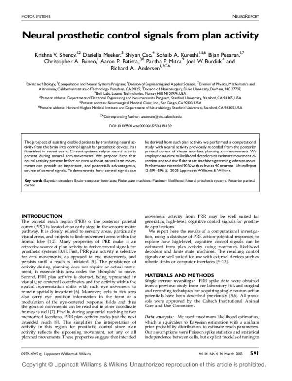 (PDF) Neural prosthetic control signals from plan activity