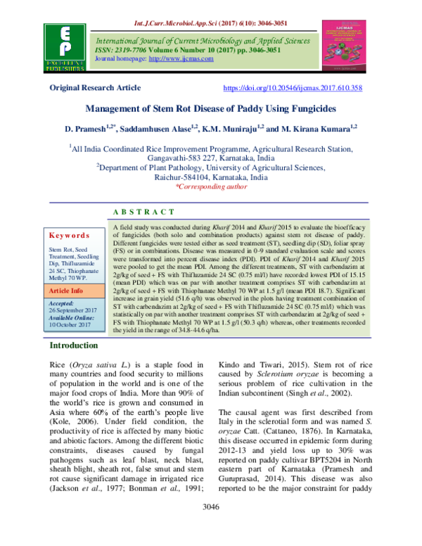 (PDF) Management of Stem Rot Disease of Paddy Using Fungicides