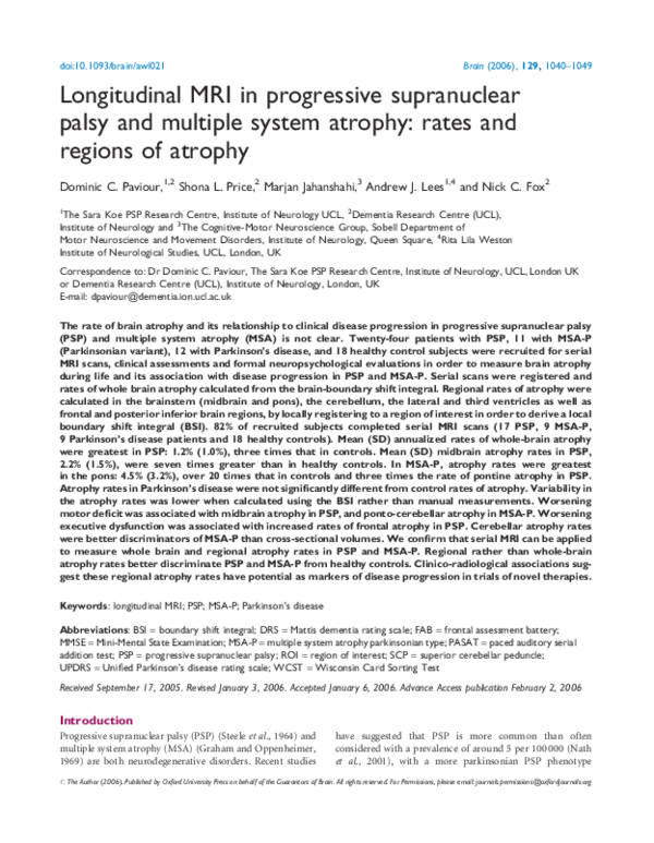 (PDF) Longitudinal MRI in progressive supranuclear palsy and multiple ...