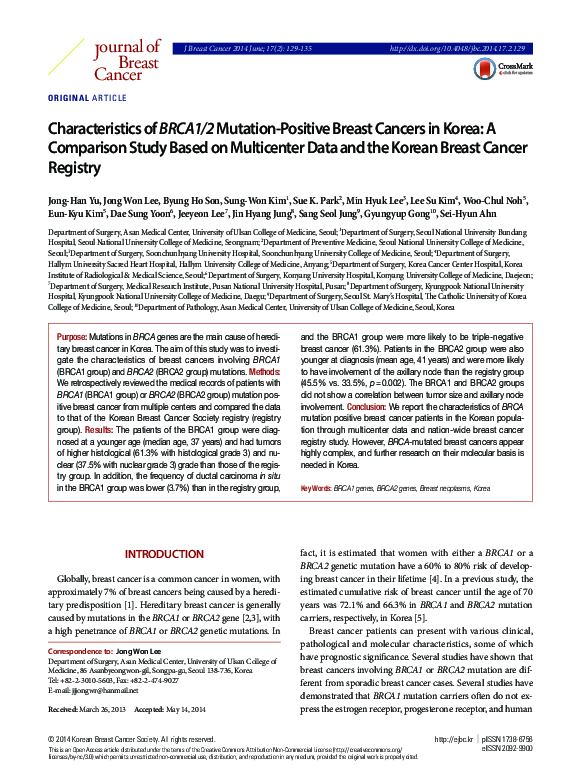 (PDF) Characteristics of BRCA1/2 Mutation-Positive Breast Cancers in Korea: A Comparison Study ...