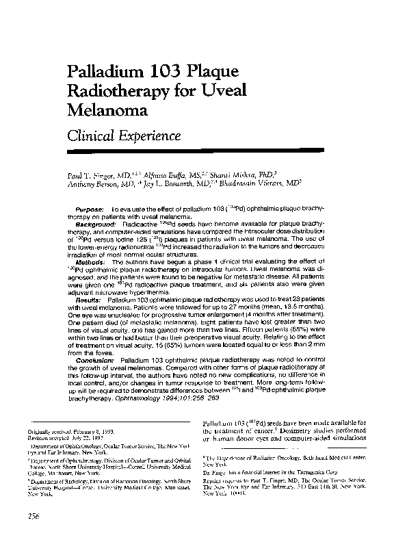 (PDF) Palladium 103 Plaque Radiotherapy for Uveal Melanoma