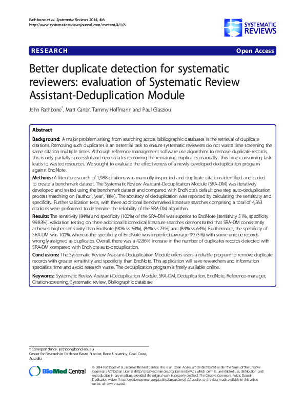 (PDF) Better duplicate detection for systematic reviewers: evaluation of Systematic Review ...