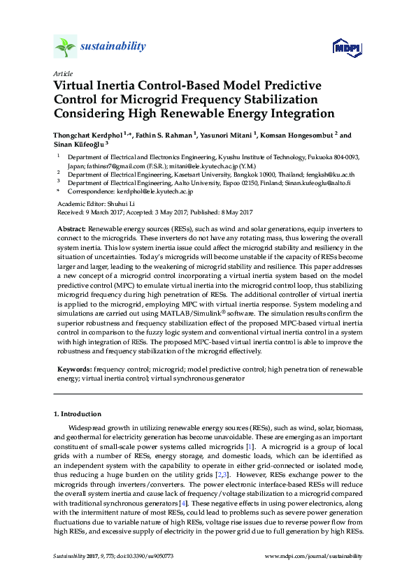 Pdf Virtual Inertia Control Based Model Predictive Control For Microgrid Frequency