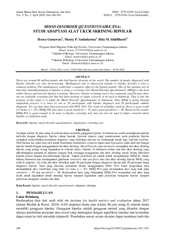 (PDF) Mood Disorder Questionnaire-Ina: Studi Adaptasi Alat Ukur ...