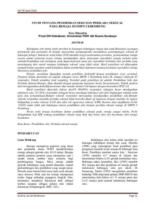 (PDF) Studi Tentang Pendidikan Seks dan Perilaku Seksual Pada Remaja di ...
