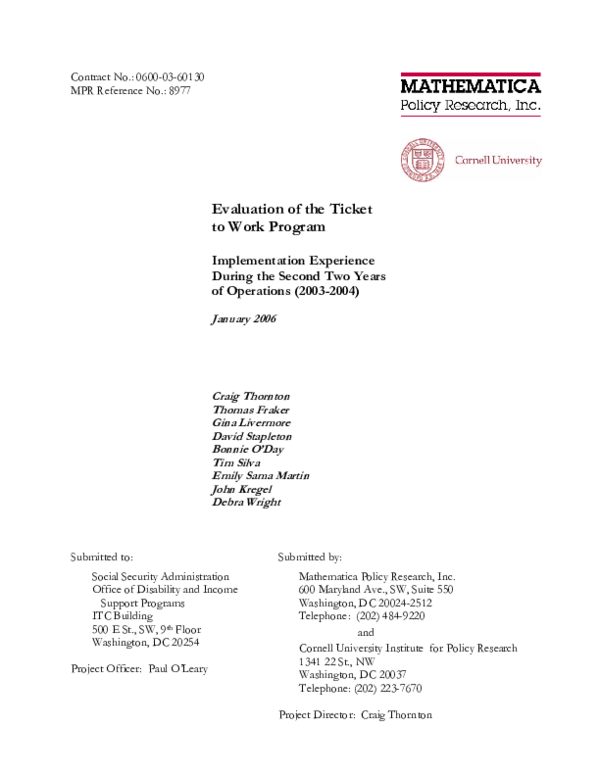 (PDF) Evaluation of the Ticket to Work Program: Implementation Experience During the Second Two ...
