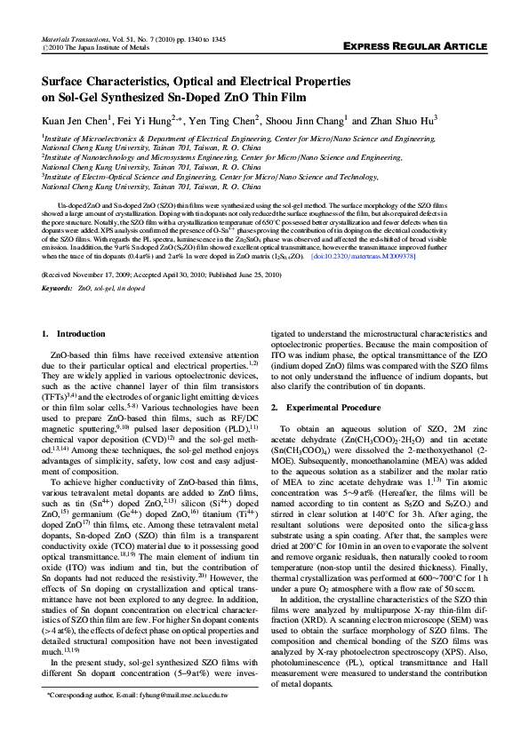 (PDF) Surface Characteristics, Optical and Electrical Properties on Sol ...