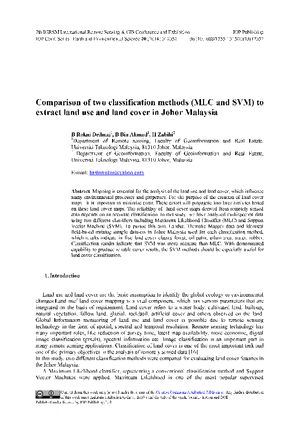 Pdf Comparison Of Two Classification Methods Mlc And Svm To Extract