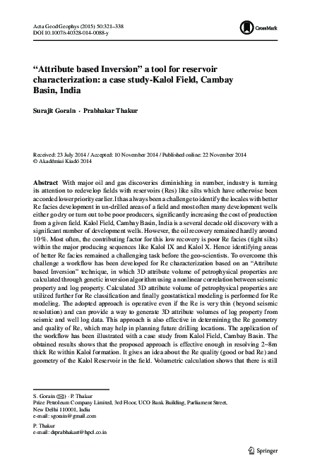 (PDF) “Attribute based Inversion” a tool for reservoir characterization: a case study-Kalol ...