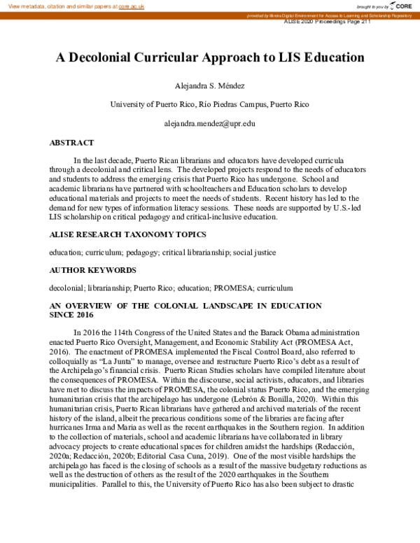 (PDF) A Decolonial Curricular Approach to LIS Education