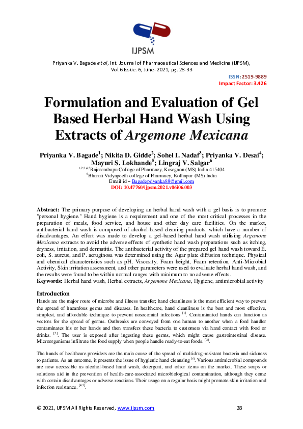 (PDF) Formulation and Evaluation of Gel Based Herbal Hand Wash Using ...