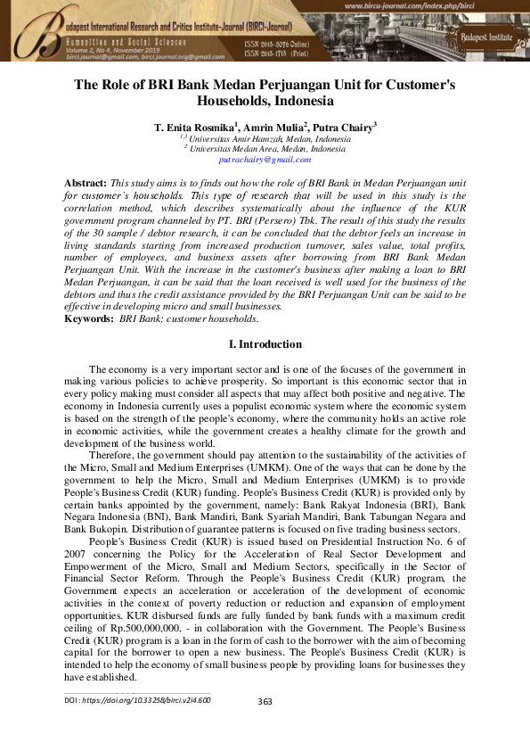 (PDF) The Role of BRI Bank Medan Perjuangan Unit for Customer's ...
