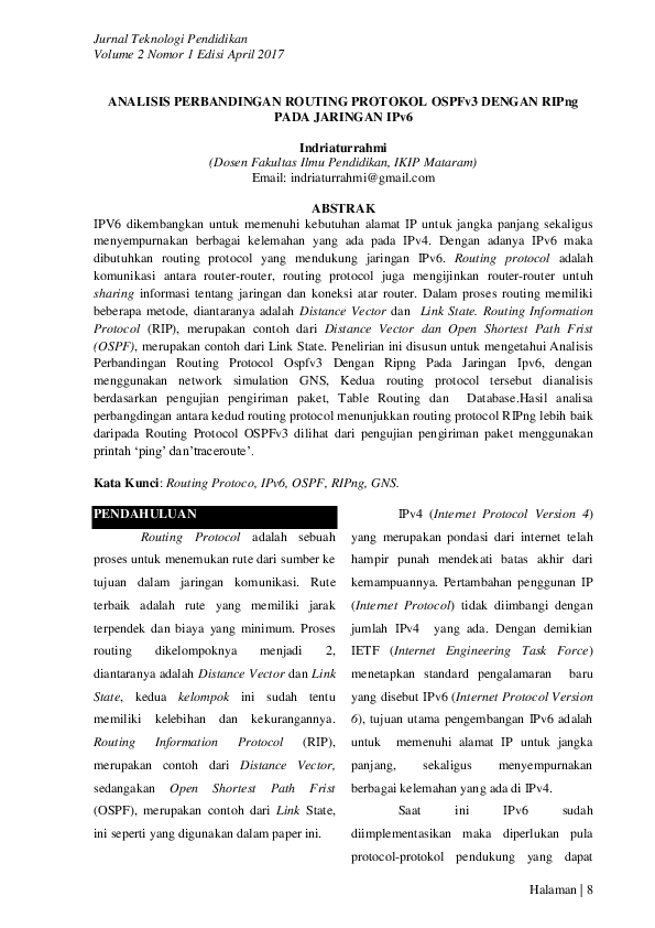 Pdf Analisis Perbandingan Routing Protokol Ospfv3 Dengan Ripng Pada