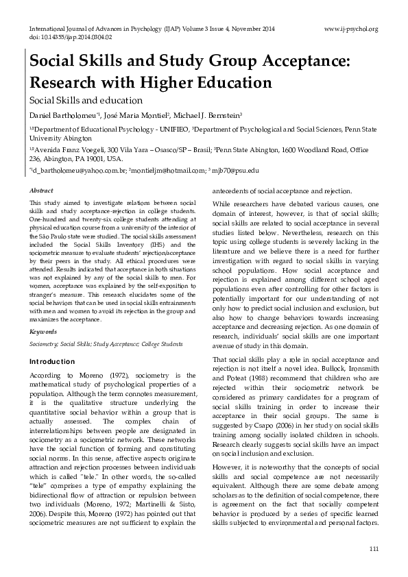 (PDF) Social Skills and Study Group Acceptance: Research with Higher ...