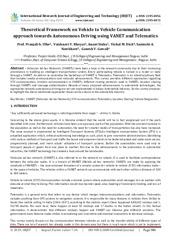 (PDF) Theoretical Framework on Vehicle to Vehicle Communication ...