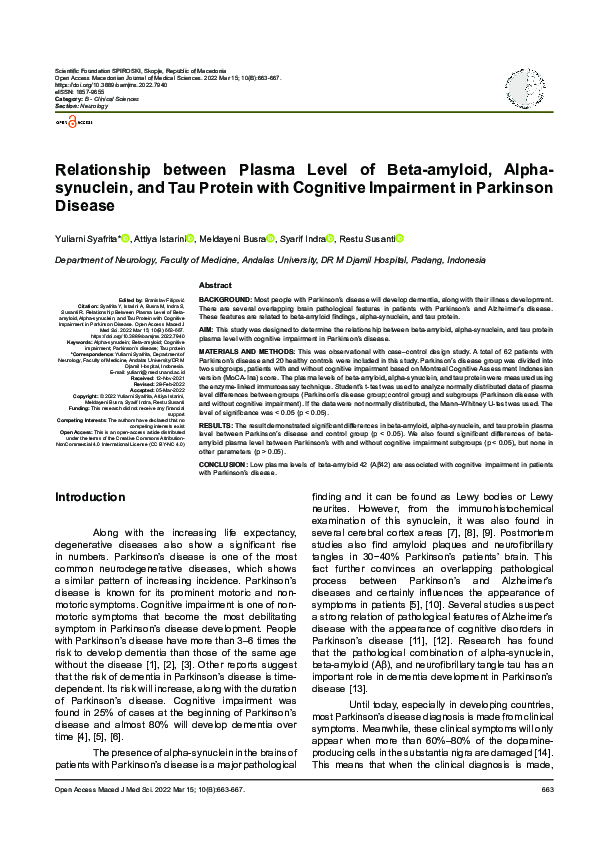 (PDF) Relationship between Plasma Level of Beta-amyloid, Alpha-synuclein, and Tau Protein with ...