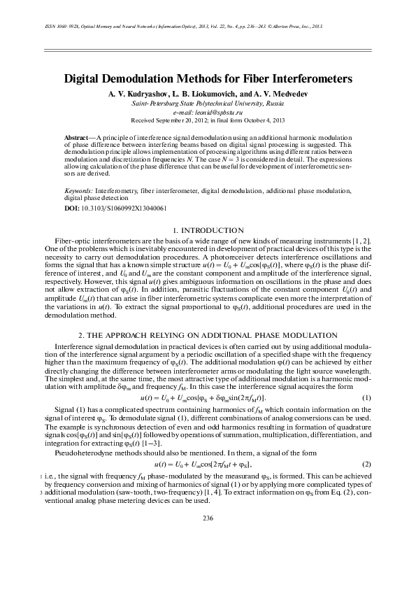 (PDF) Digital demodulation methods for fiber interferometers