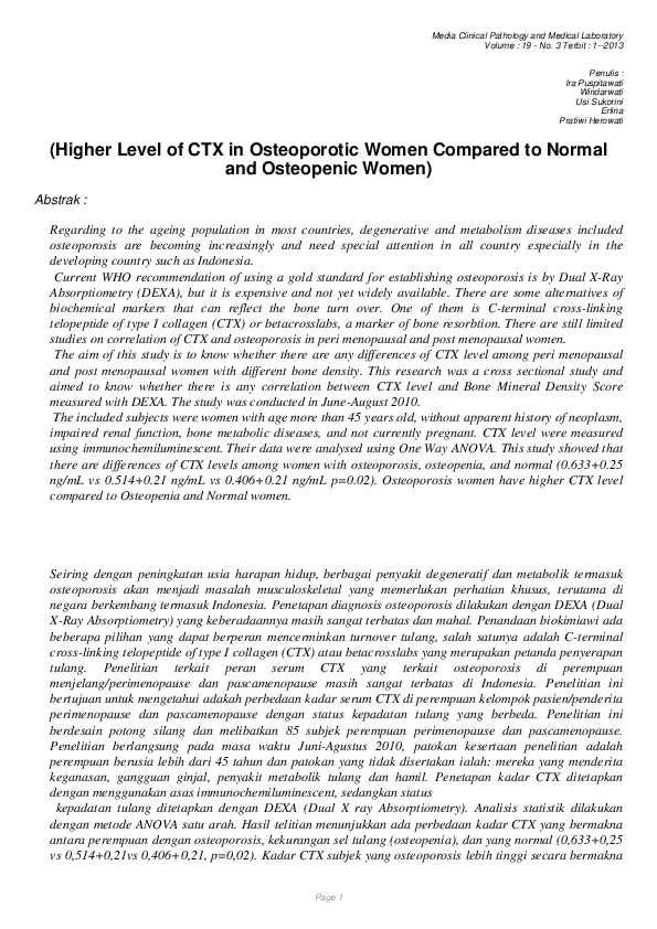 (PDF) Higher Level of CTX in Osteoporotic Women Compared to Normal and ...
