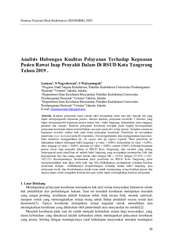(PDF) Analisis Hubungan Kualitas Pelayanan Terhadap Kepuasan Pasien Rawat Inap Penyakit Dalam Di ...