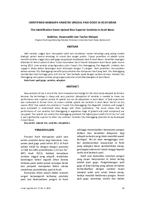 (PDF) Identifikasi Beberapa Varietas Unggul Padi Gogo di Aceh Besar